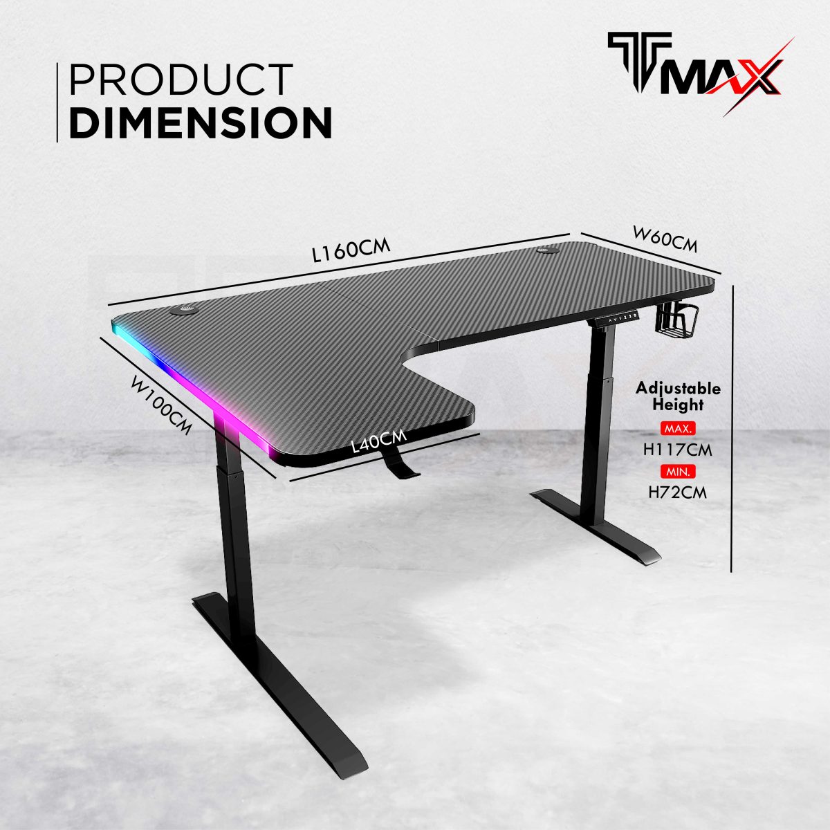 TMAX 160CM L Shaped Lifting Gaming Table-2 Colors - FurnitureDirect.com.my